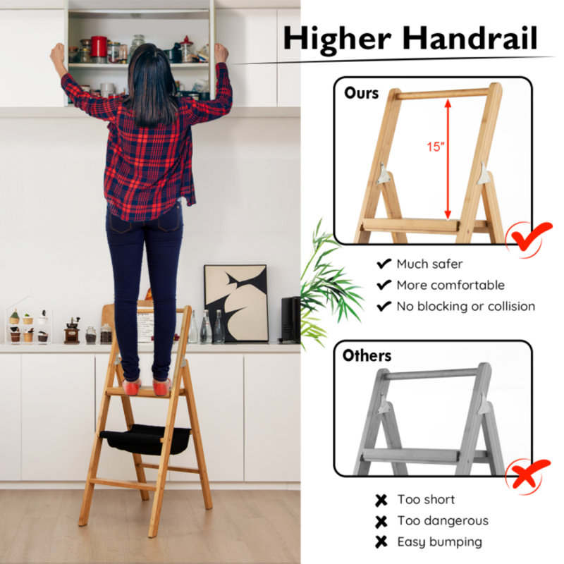 Summerlin WFX Utility 3 Step Ladder Foldable Bamboo Step Stool 330lbs Capacity With Tool Storage Bag